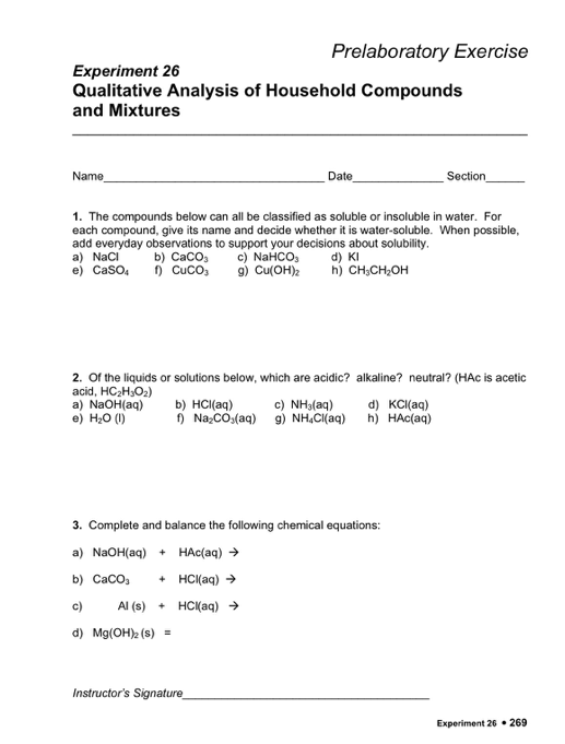 Solved Prelaboratory Exercise Experiment 26 Qualitative | Chegg.com