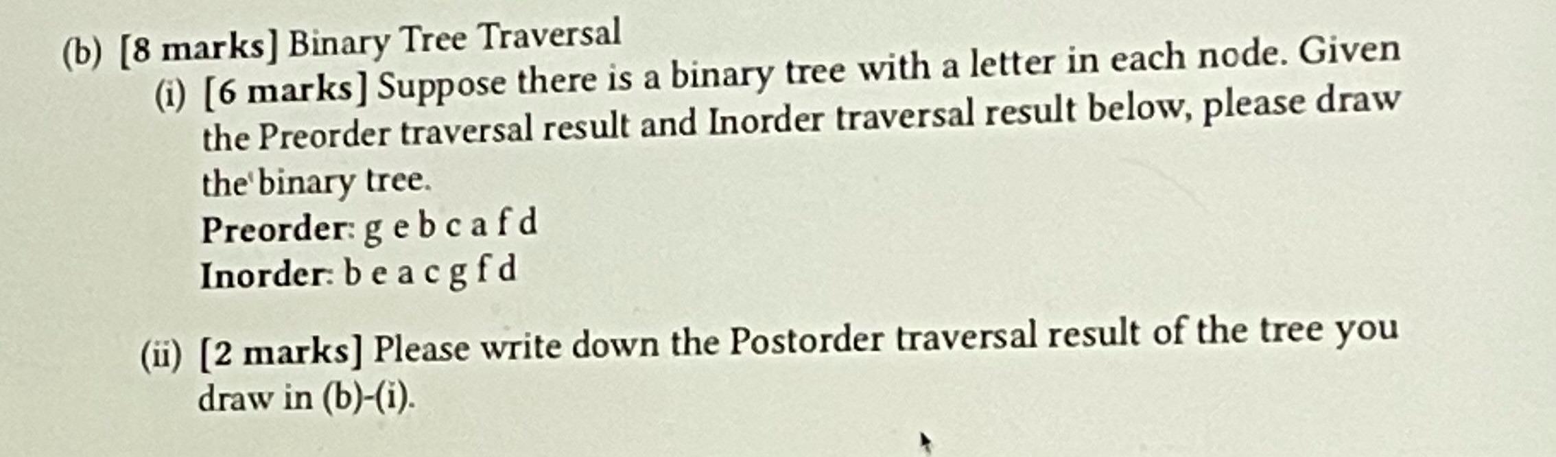 Solved (b) (8 marks) Binary Tree Traversal (i) [6 marks] | Chegg.com