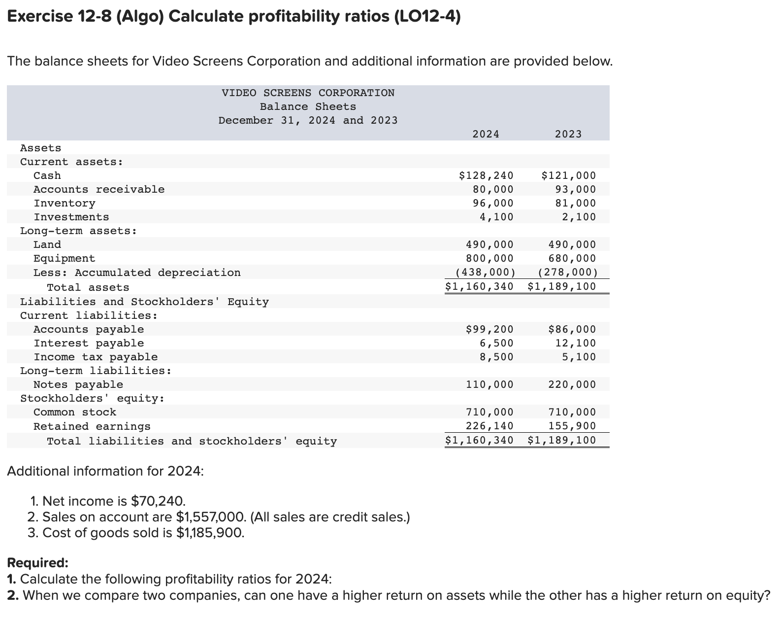 Solved Exercise 12-8 (Algo) Calculate profitability ratios | Chegg.com