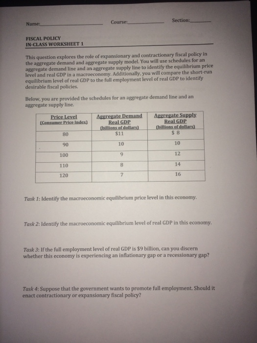 Solved Course: Section Name: FISCAL POLICY IN-CLASS | Chegg.com