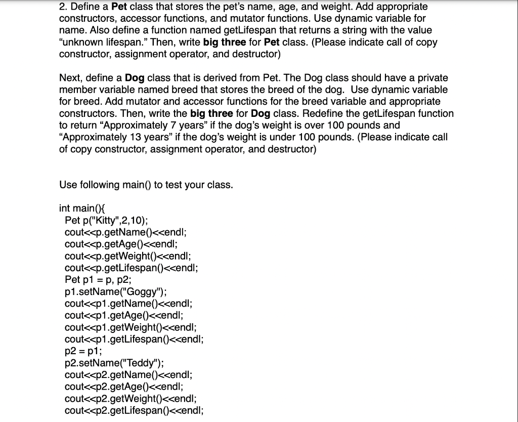 Solved 2. Define a Pet class that stores the pet’s name, | Chegg.com