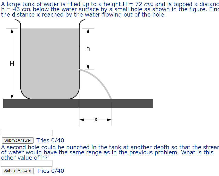 Solved A large tank of water is filled up to a height H=72 | Chegg.com