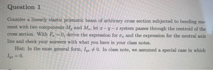 Question 1 Consider a linearly elastic prismatic beam | Chegg.com