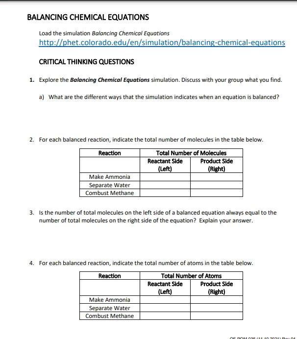 Solved BALANCING CHEMICAL EQUATIONS Load the simulation | Chegg.com