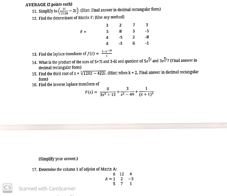 Solved AVERAGE (2 points each) 11. Simplify In (28 - 2i) | Chegg.com