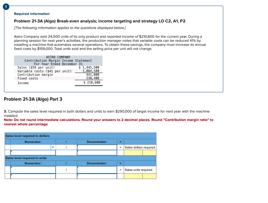 Solved Problem 21-3A (Algo) Break-even analysis; income | Chegg.com