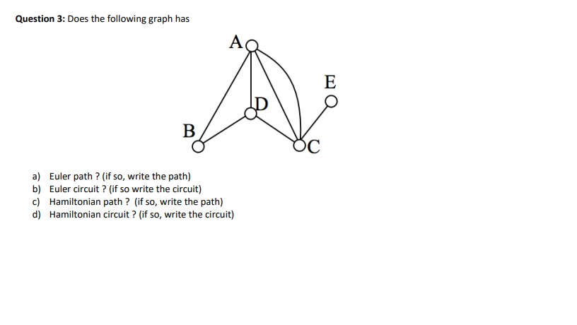 Solved Question 3: Does the following graph has a) Euler | Chegg.com