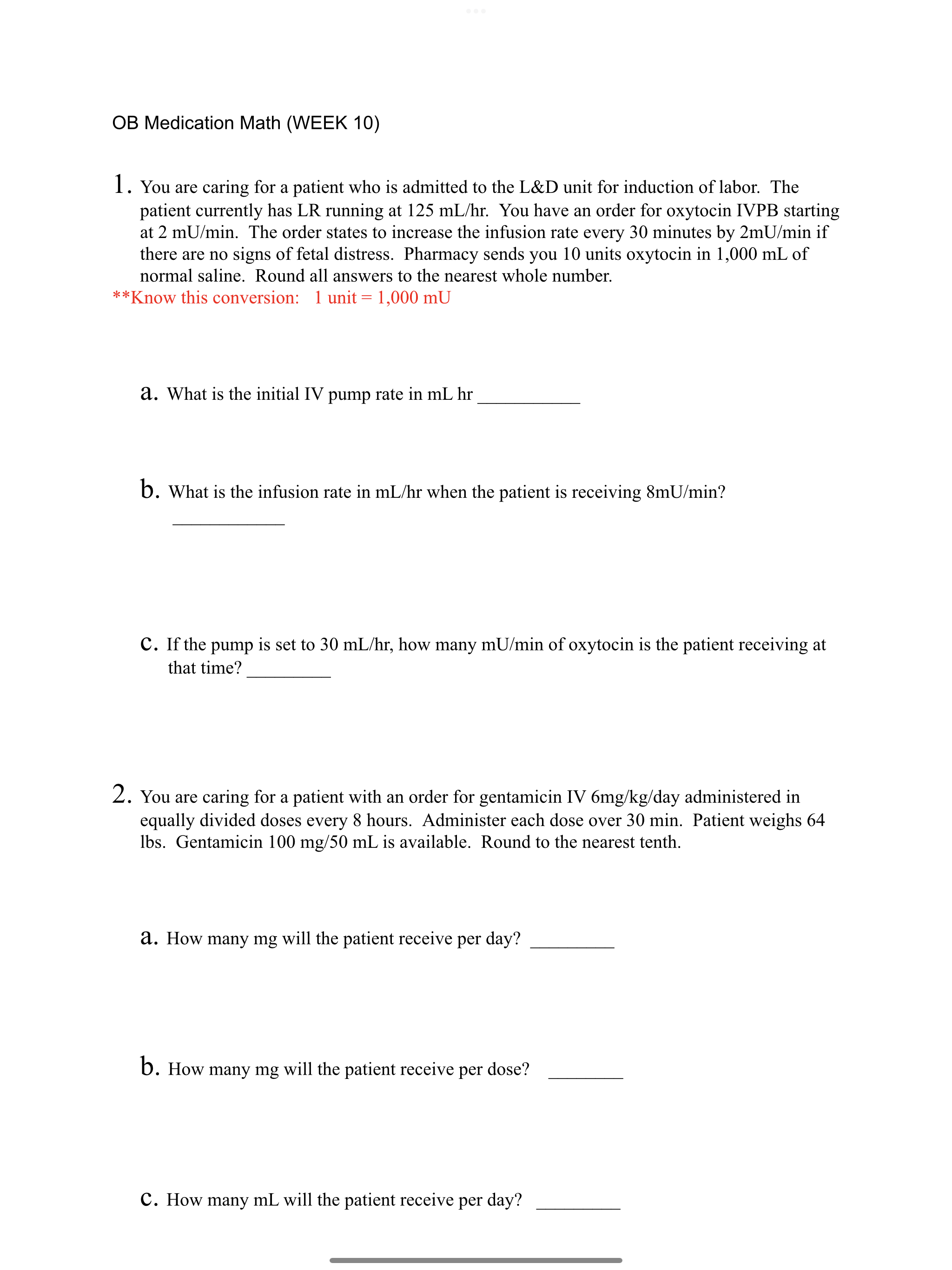 Solved OB Medication Math (WEEK 10)You are caring for a | Chegg.com