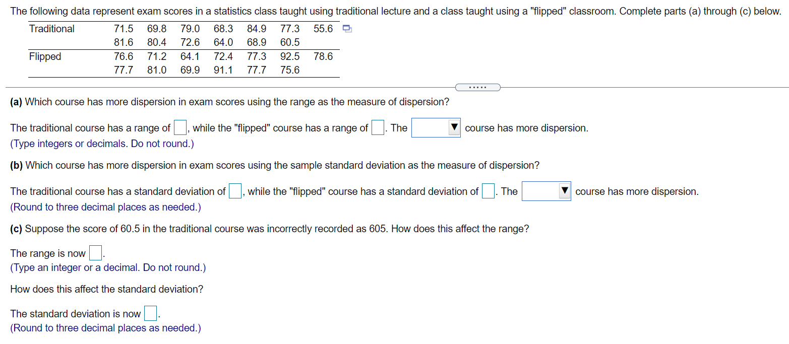 Solved The following data represent exam scores in a | Chegg.com