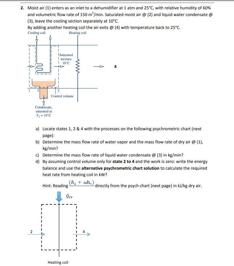 Solved 2. Moist air (1) enters as an inlet to a dehumidifier | Chegg.com