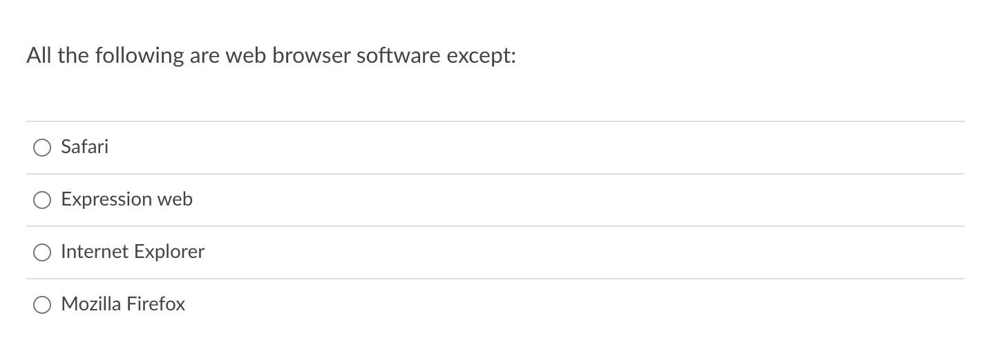 Solved All the following are web browser software except: | Chegg.com