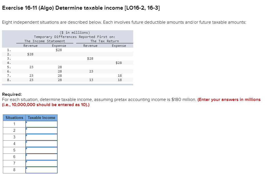Solved Exercise 16-11 (Algo) Determine taxable income | Chegg.com