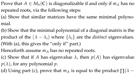 Solved Prove that A∈Mn(C) is diagonalizable if and only if | Chegg.com