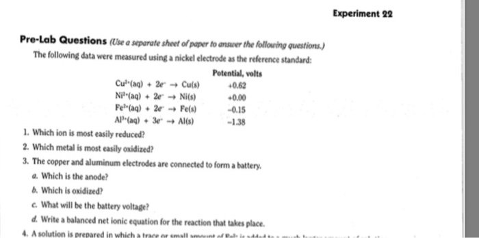 Solved Experiment 22 Pre-Lab Questions (Use a separate sheet | Chegg.com