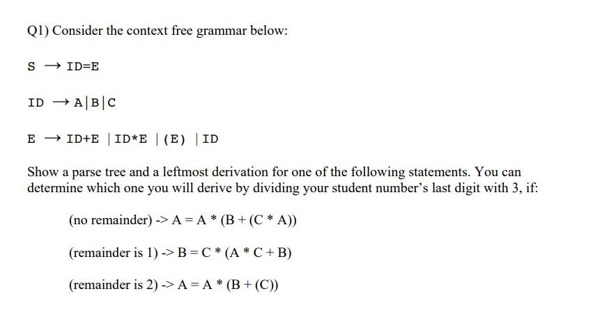 Solved Q1) Consider the context free grammar below: | Chegg.com