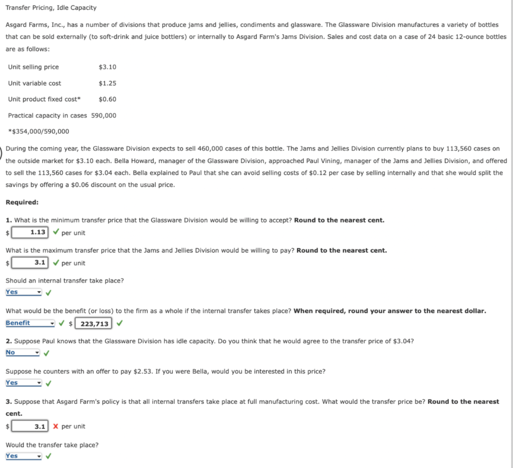 Solved Transfer Pricing, Idle Capacity Asgard Farms, Inc., | Chegg.com