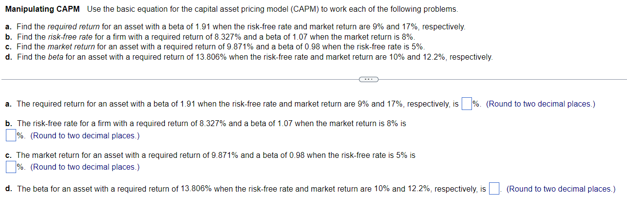 Solved Manipulating CAPM Use the basic equation for the | Chegg.com