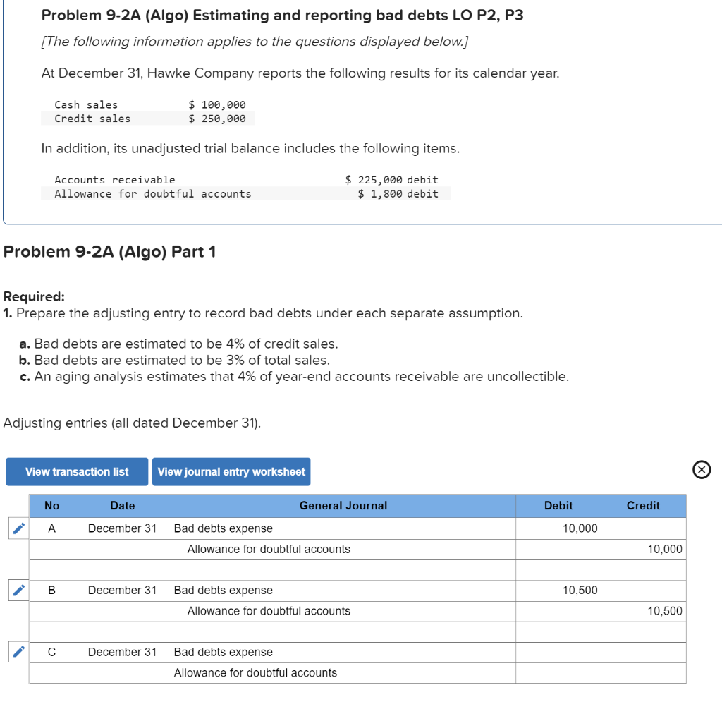 Solved Problem 9-2A (Algo) Estimating and reporting bad | Chegg.com