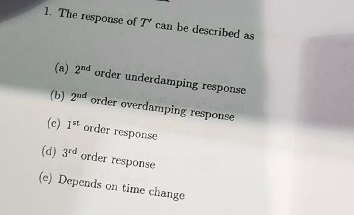 Solved 1. The response of T′ can be described as (a) 2nd | Chegg.com