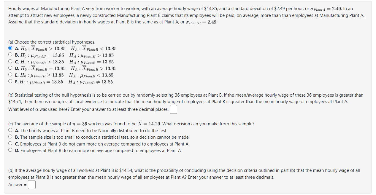 Solved Hourly wages at Manufacturing Plant A very from | Chegg.com