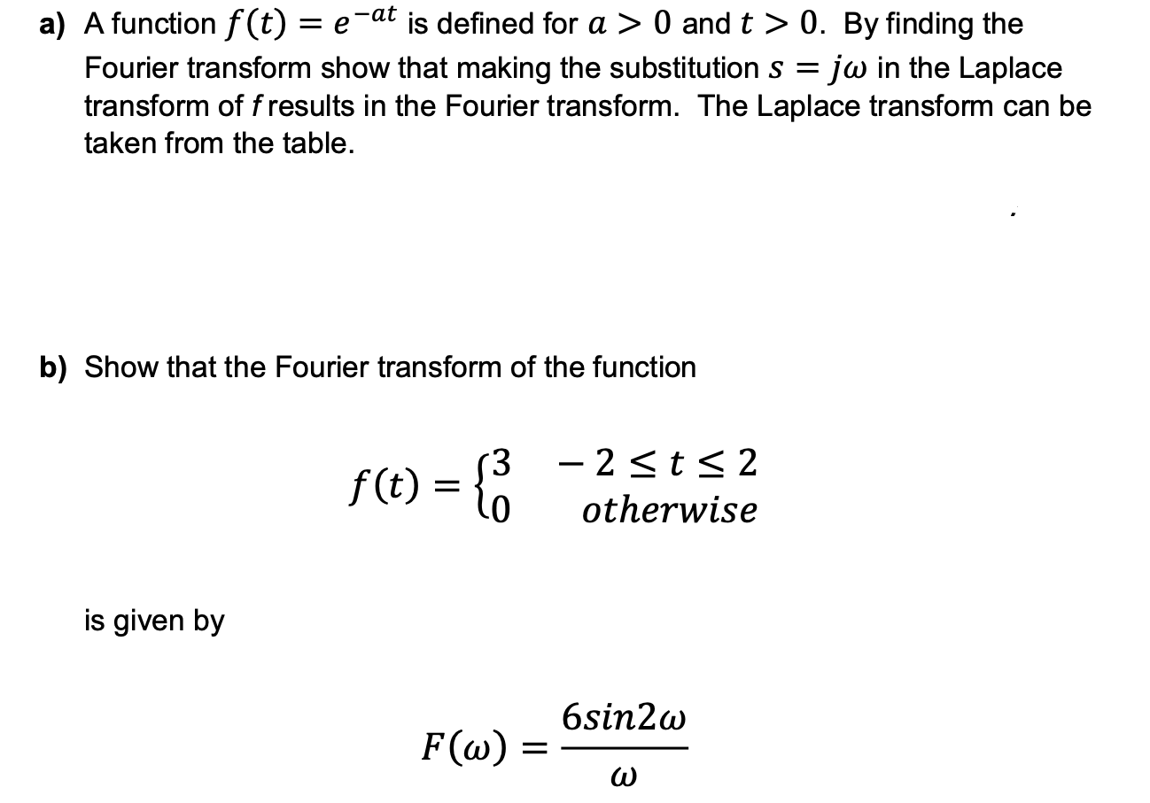 Solved = a) A function f(t) = e-at is defined for a > 0 and | Chegg.com
