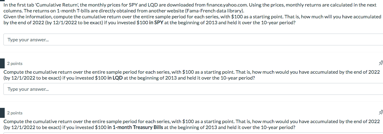 In the first tab 'Cumulative Return', the monthly | Chegg.com