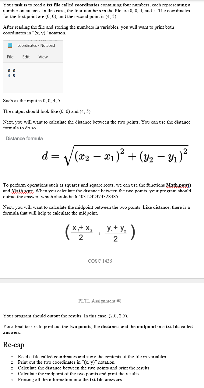 Solved Your task is to read a txt file called coordinates | Chegg.com