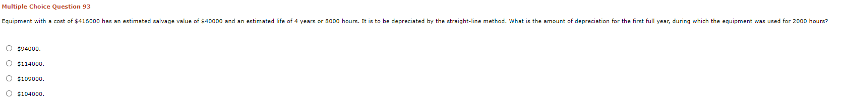 Solved Multiple Choice Question 93 Equipment with a cost of | Chegg.com
