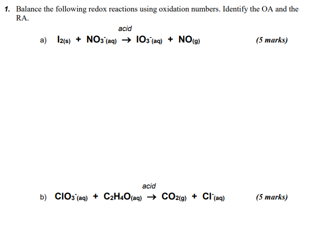 Solved Balance the following redox reactions using oxidation | Chegg.com