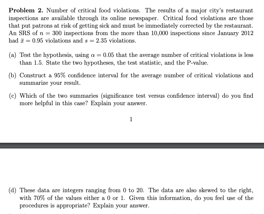 Solved Problem 2. Number of critical food violations. The | Chegg.com