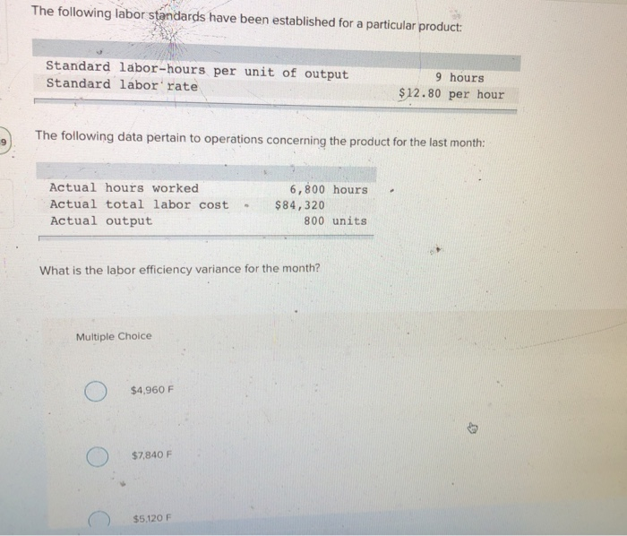 Solved The following labor standards have been established | Chegg.com