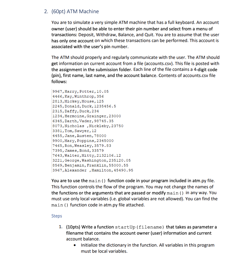2. (60pt) ATM Machine You are to simulate a very | Chegg.com