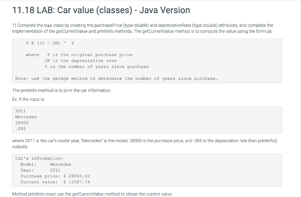 Solved 11.18 LAB: Car value (classes) - Java Version 1) | Chegg.com