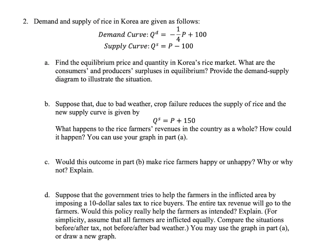 Solved 1 2. Demand and supply of rice in Korea are given as | Chegg.com