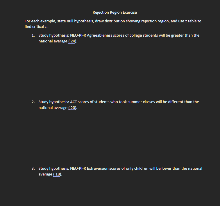 Solved Rejection Region Exercise For each example, state | Chegg.com