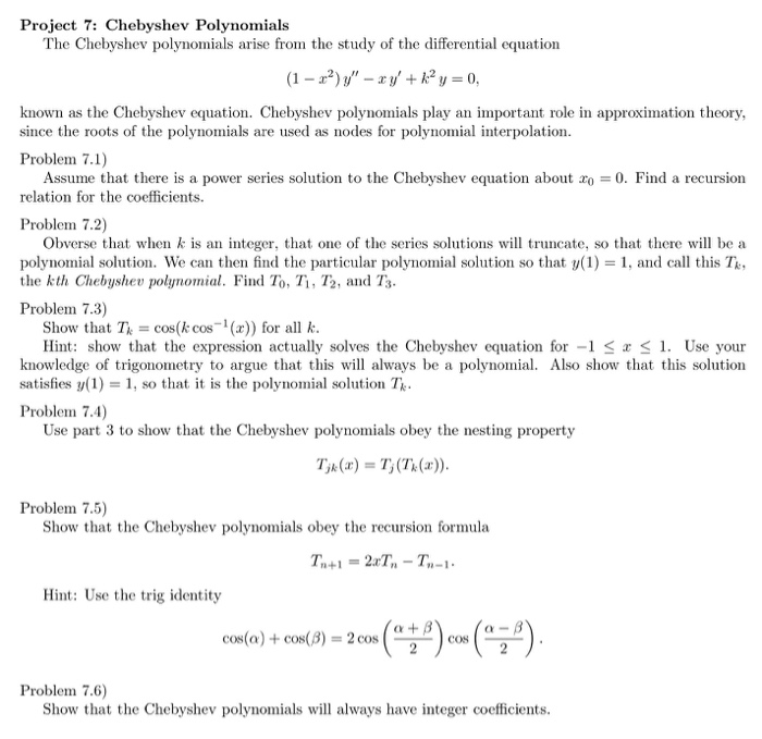 Solved The Chebyshev polynomials arise from the study of the | Chegg.com