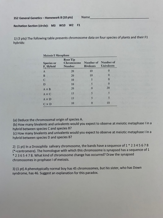 Solved 352 General Genetics- Homework 8 (10 pts) Name, | Chegg.com