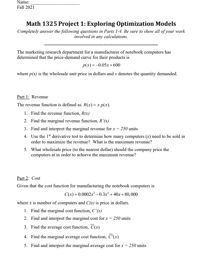 Solved Math 1325 Project 1: Exploring 0ptimization Models | Chegg.com