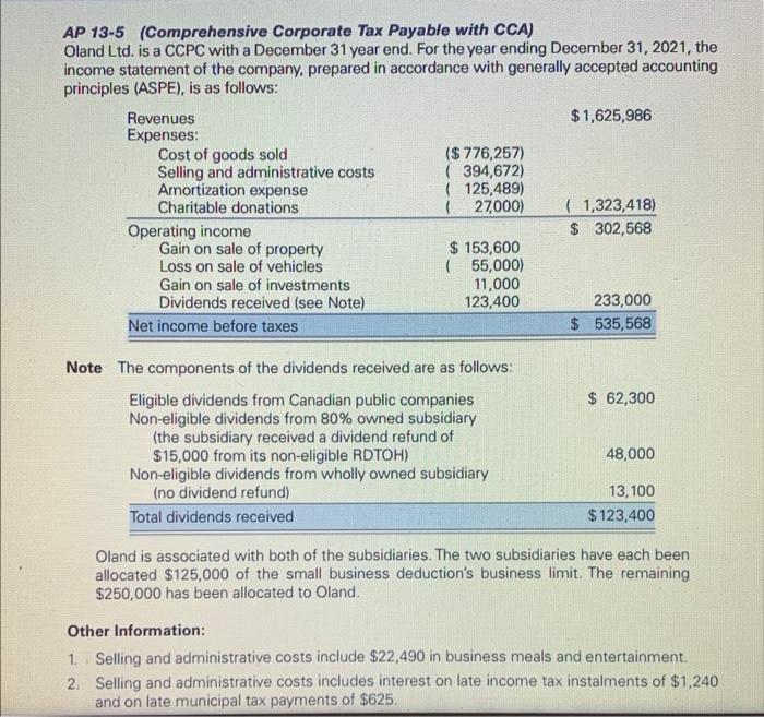 AP 13-5 (Comprehensive Corporate Tax Payable with | Chegg.com