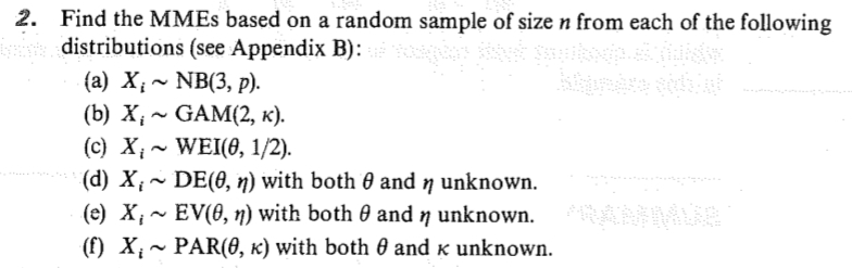 Solved 2. Find the MMEs based on a random sample of size n | Chegg.com