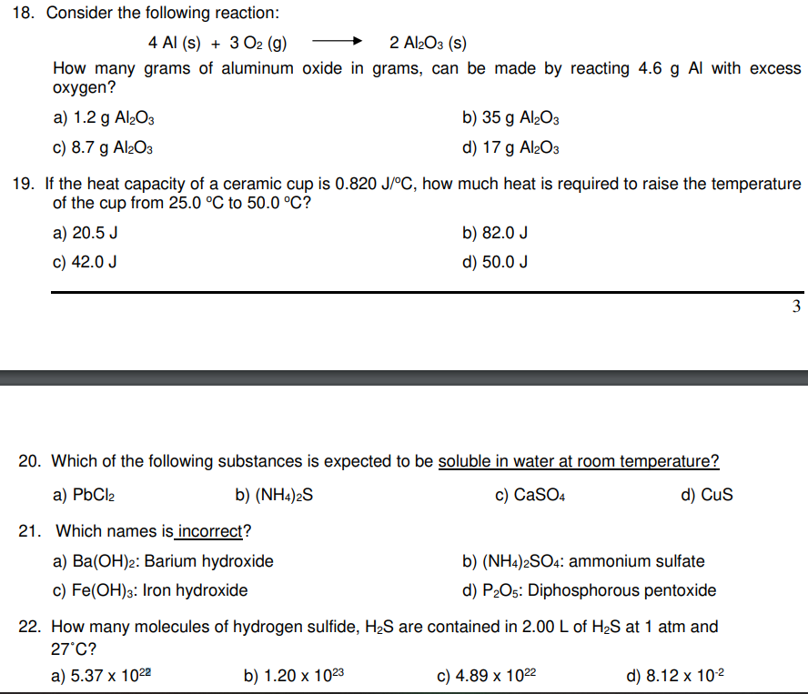 Solved 18. Consider the following reaction: 4 Al(s) + 3 O2 | Chegg.com