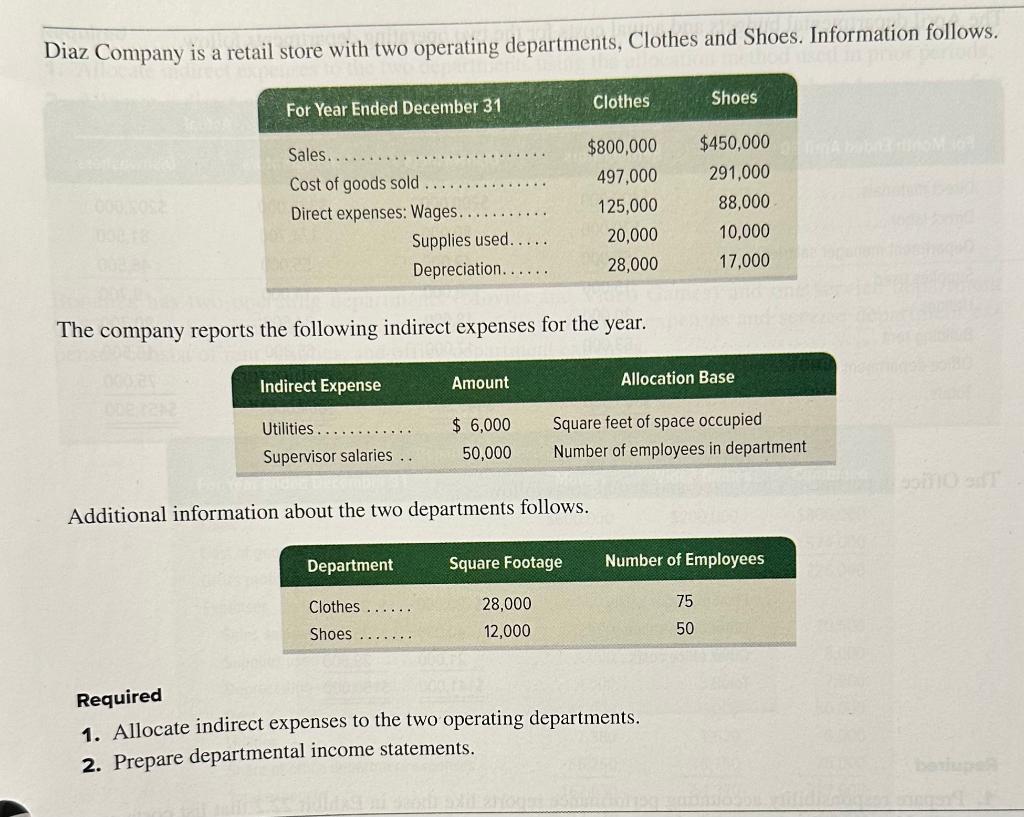 Diaz Company is a retail store with two operating | Chegg.com