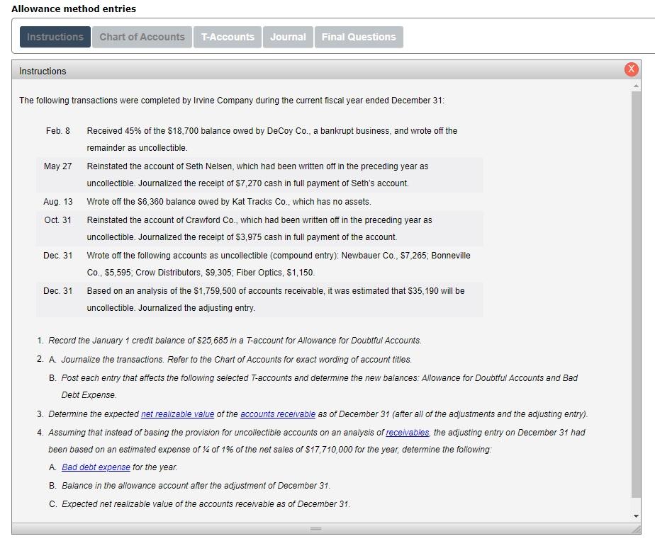 Solved Allowance method entries Instructions Chart of | Chegg.com