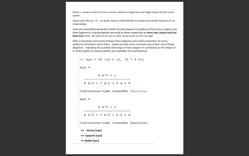 Solved Below is sample transfer function as shown below for | Chegg.com