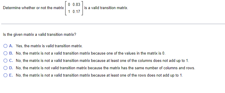 Solved Determine whether or not the matrix [010.830.17] is a | Chegg.com