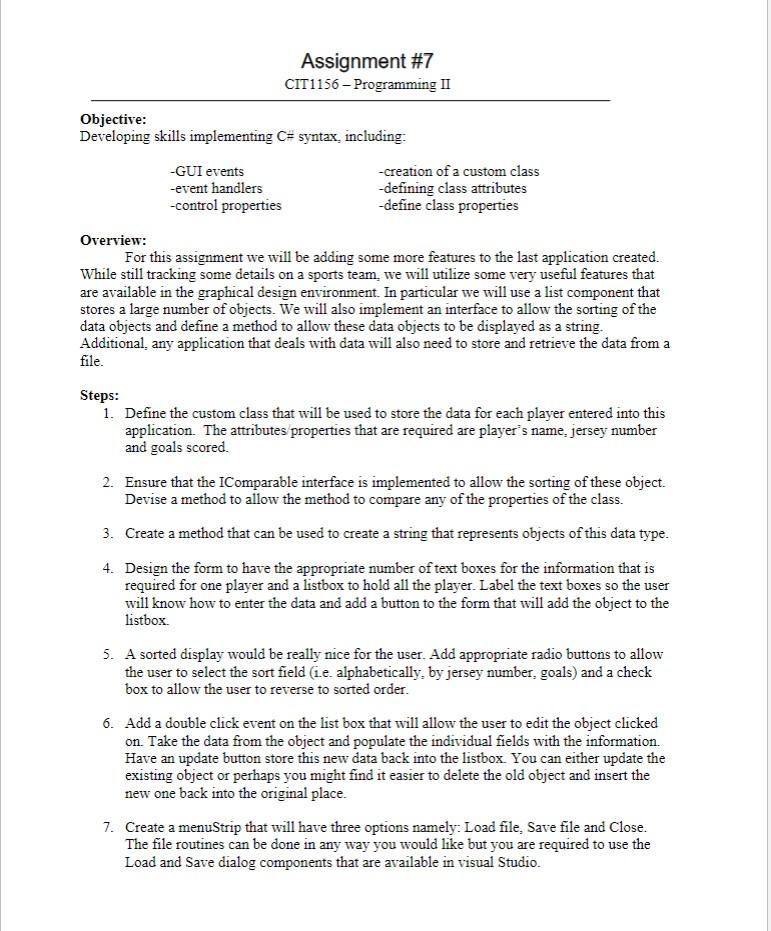 Solved Assignment \#7 CIT1156 - Programming II Objective: | Chegg.com