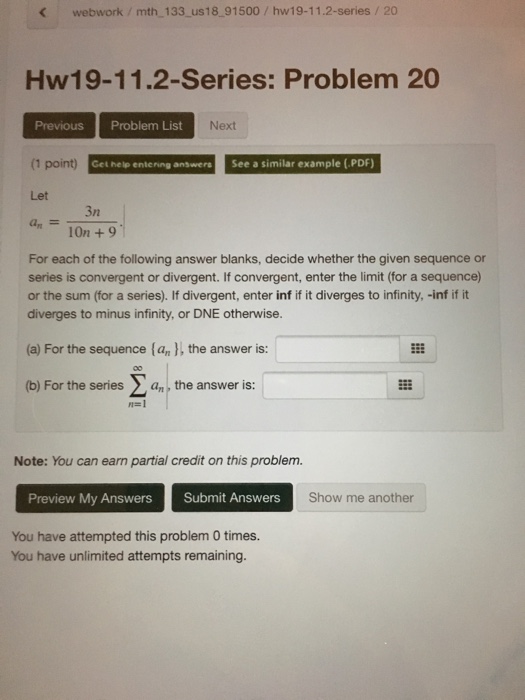 Solved webwork/ mth 133 us18 91500/hw19-11.2-series / 20 | Chegg.com