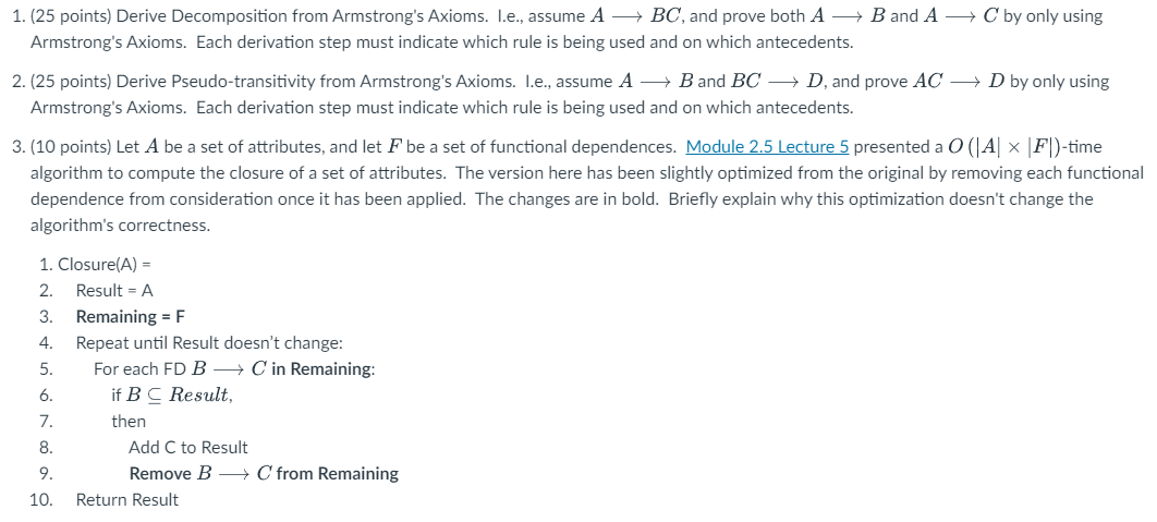 Solved (25 ﻿points) ﻿Derive Decomposition from Armstrong's | Chegg.com