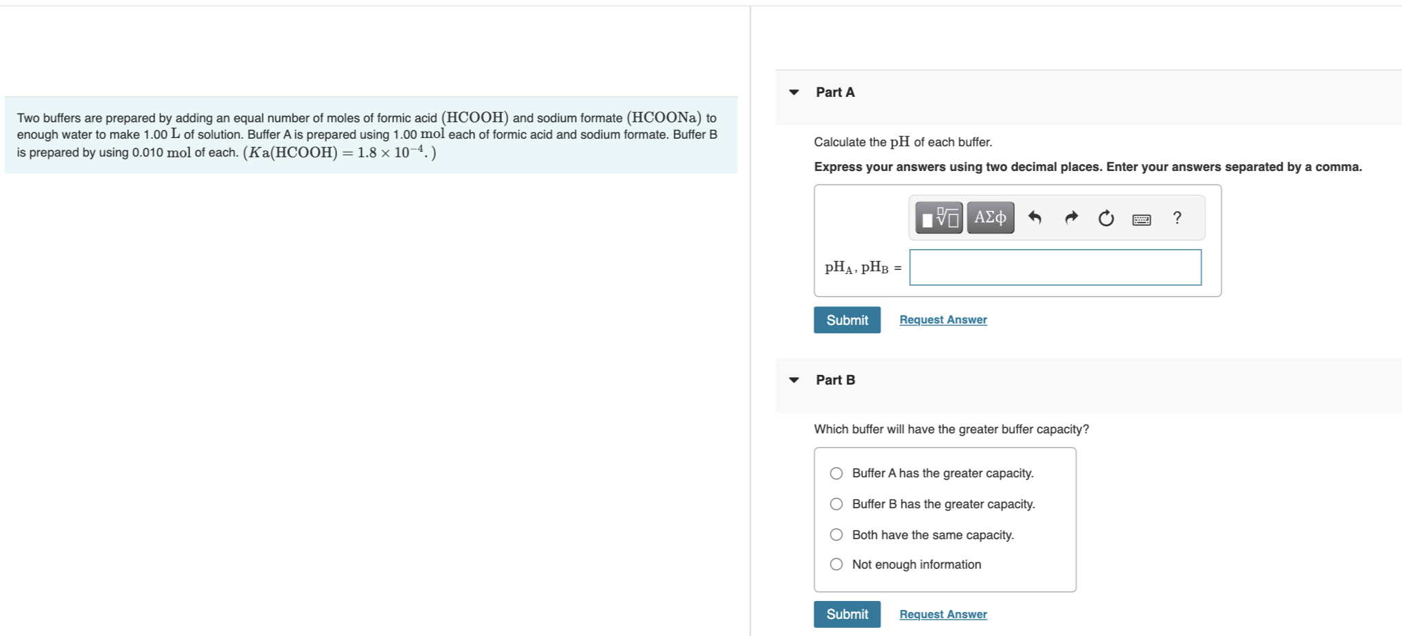 Solved Two buffers are prepared by adding an equal number of | Chegg.com