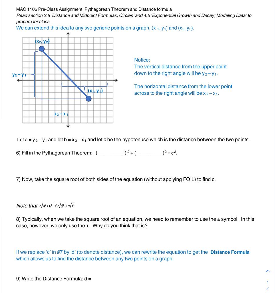 Solved MAC 1105 Pre-Class Assignment: Pythagorean Theorem | Chegg.com